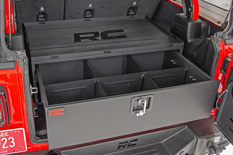 Rough Country 99030 RC Storage Box Metal Slide Out Lockable Drawer 18 24 Jeep Wrangler JL JLU 4WD Custom Offsets