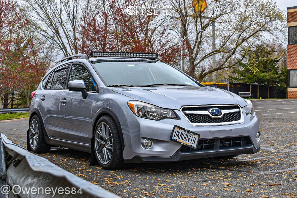2015 Subaru XV Crosstrek with 17x8 45 Enkei Td5 and 225 45R17 Goodyear Assurance Comfortred Touring and Coilovers Custom Offsets